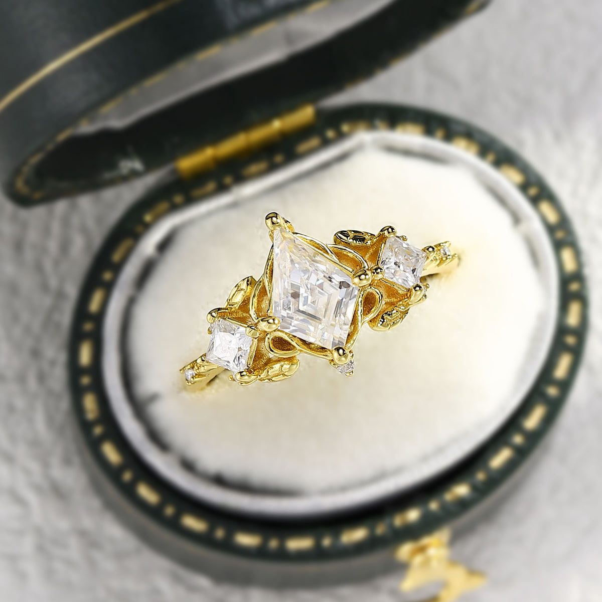 Unique Kite Three Stone Moissanite Leaf Ring – Loveden Jewelry